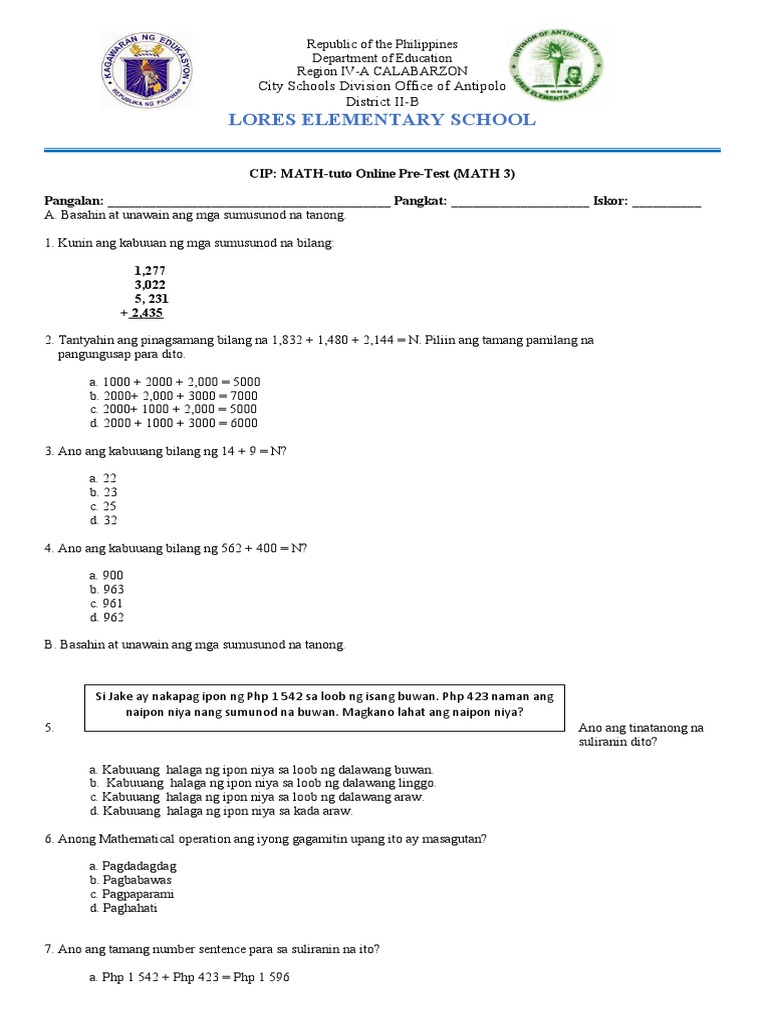 Cip Math Pretest GR3 | PDF