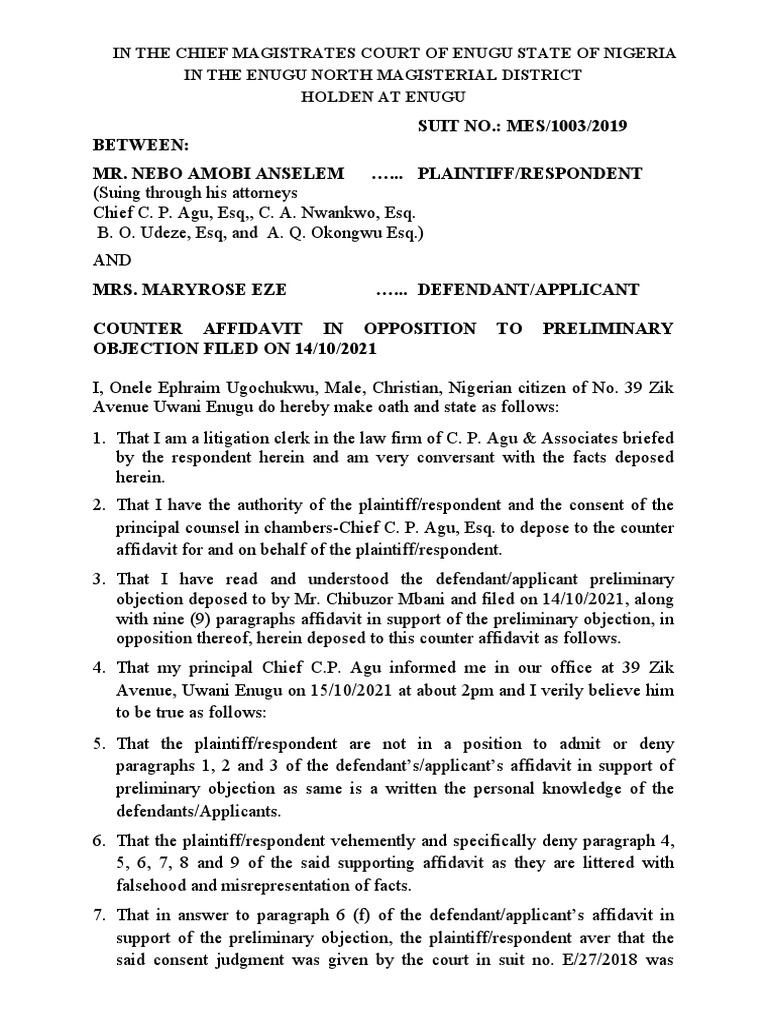 Counter Affidavit in Opposition To Preliminary Objection (Nebo Amobi Anselem) | PDF | Lawsuit ...