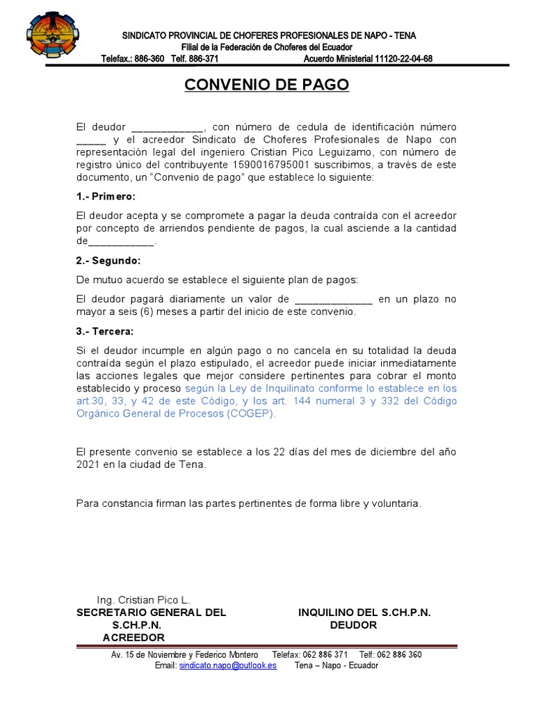 Modelo De Convenio De Pago Diario 27 12 2021 Pdf