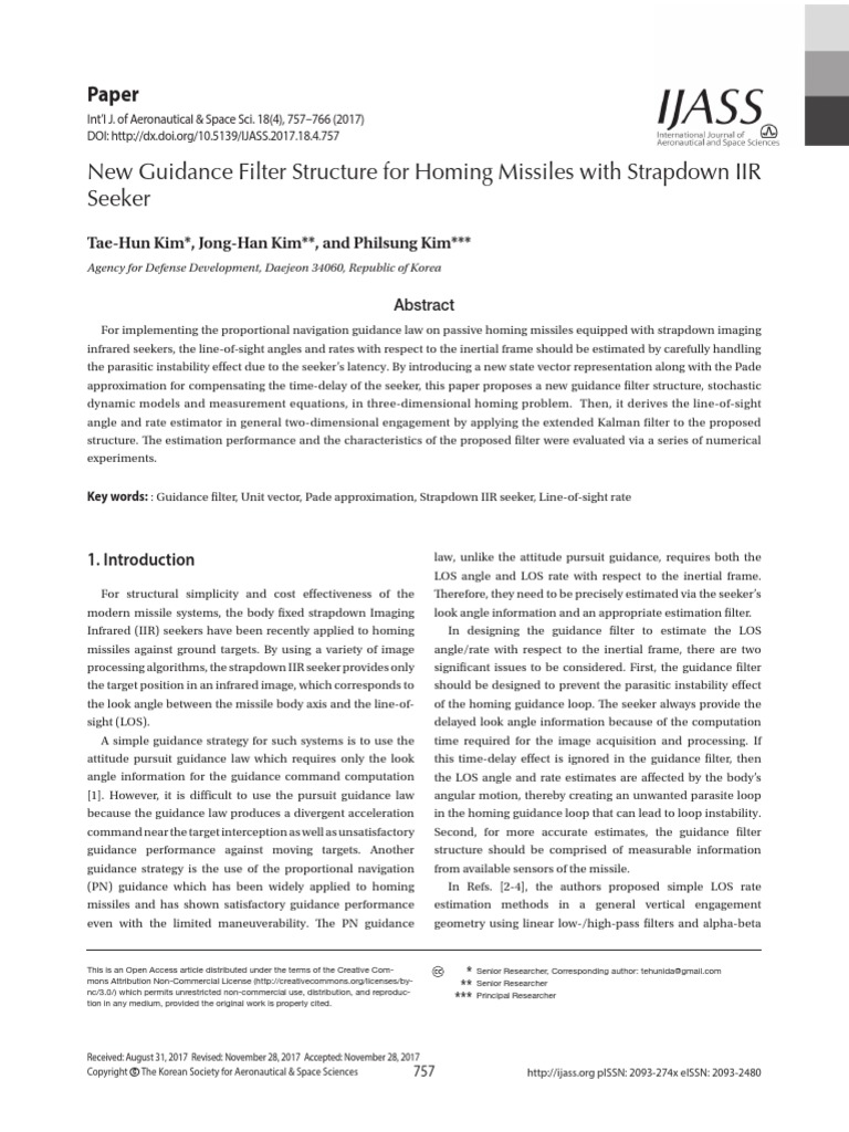 New Guidance Filter Structure For Homing Missiles With Strapdown Iir Seeker Pdf Inertial
