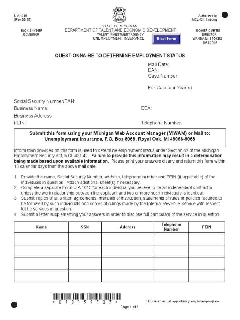 Questionnaire To Determine Employment Status | Download Free PDF ...