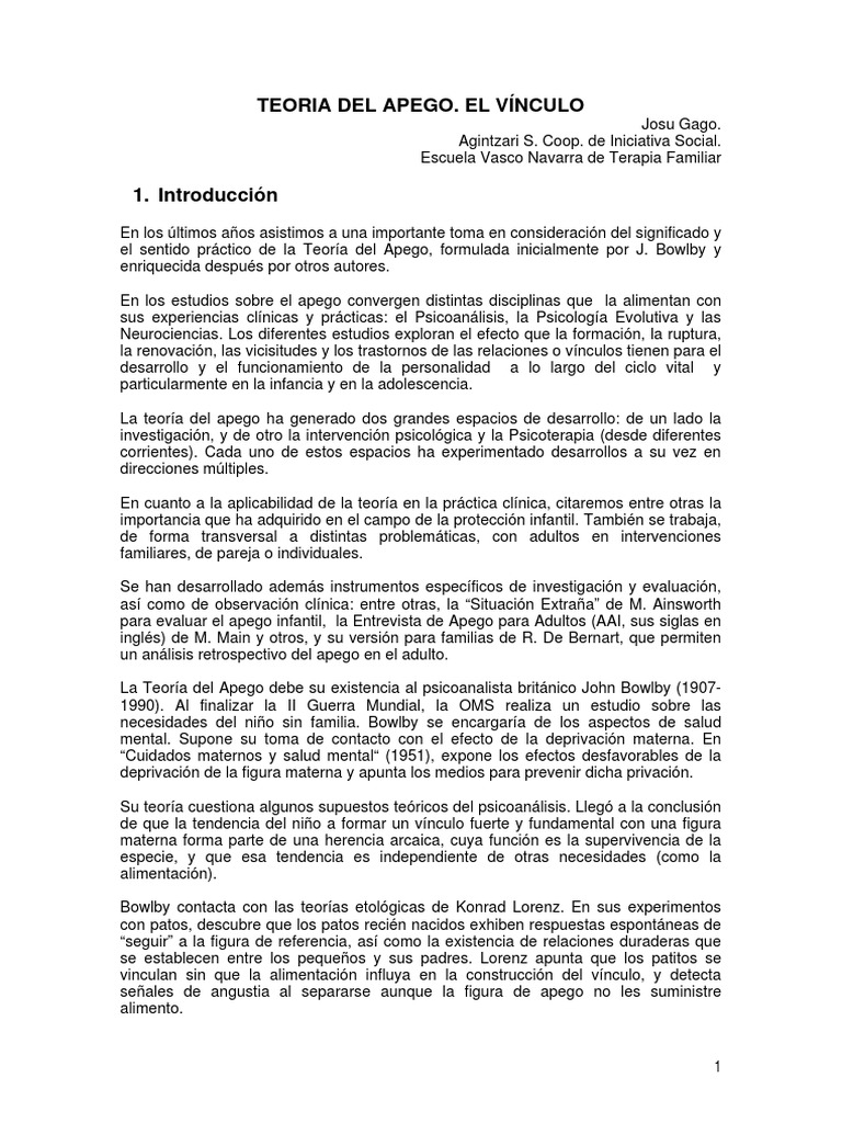 Teoría Del Apego. El Vínculo. J. Gago 2014 | PDF | Teoría de apego | Las emociones