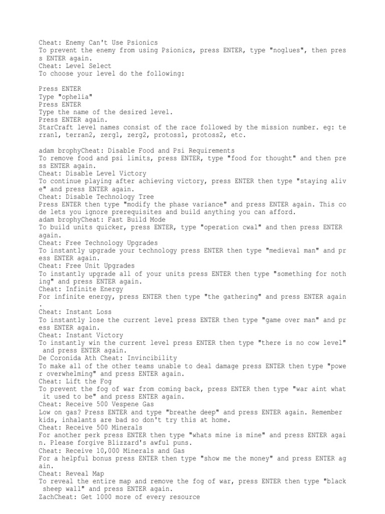 Starcraft Cheat Codes | PDF | Military Science Fiction | Video Game Gameplay