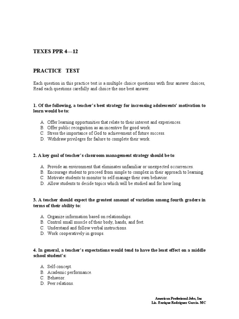 TEXES PPR 4---12 Practice Test | PDF | Teachers | Educational Assessment