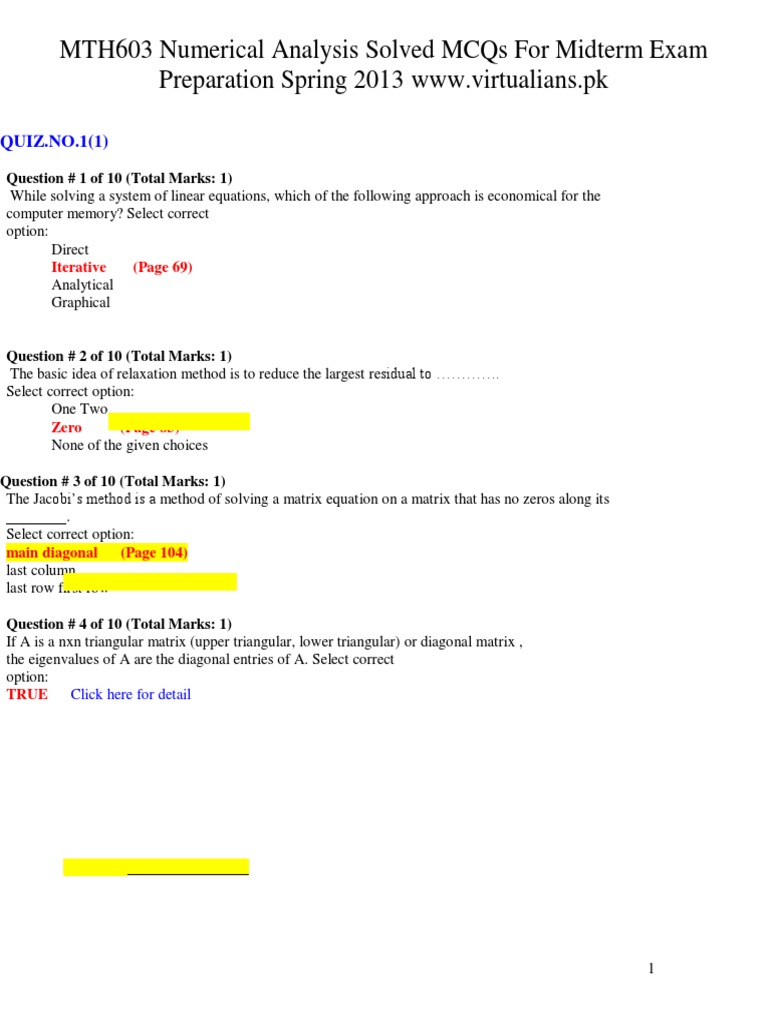 Mth603 Numerical Analysis Solved Mcqs For Midterm Exam Preparation Spring 2013 WWW - Virtualians ...