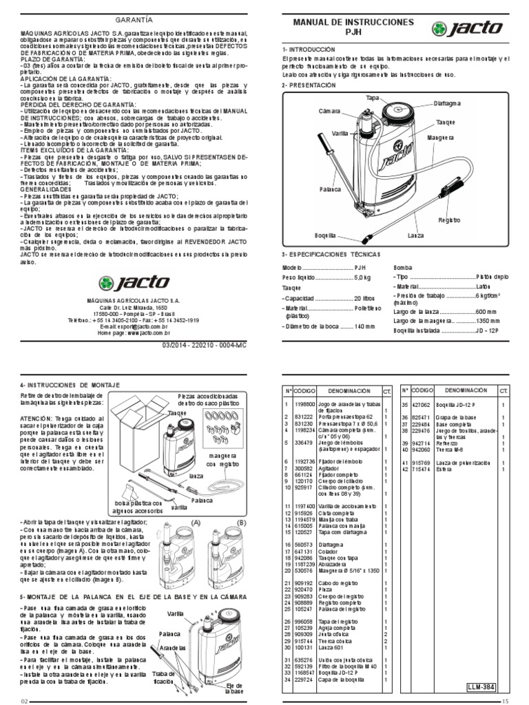 Manual de Montaje Bomba Jacto 20L | PDF | Agua | El plastico