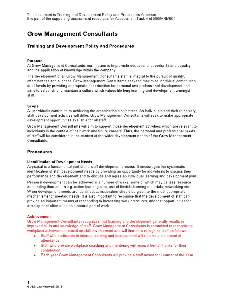Training and Development Policy and Procedures Assessor | PDF ...