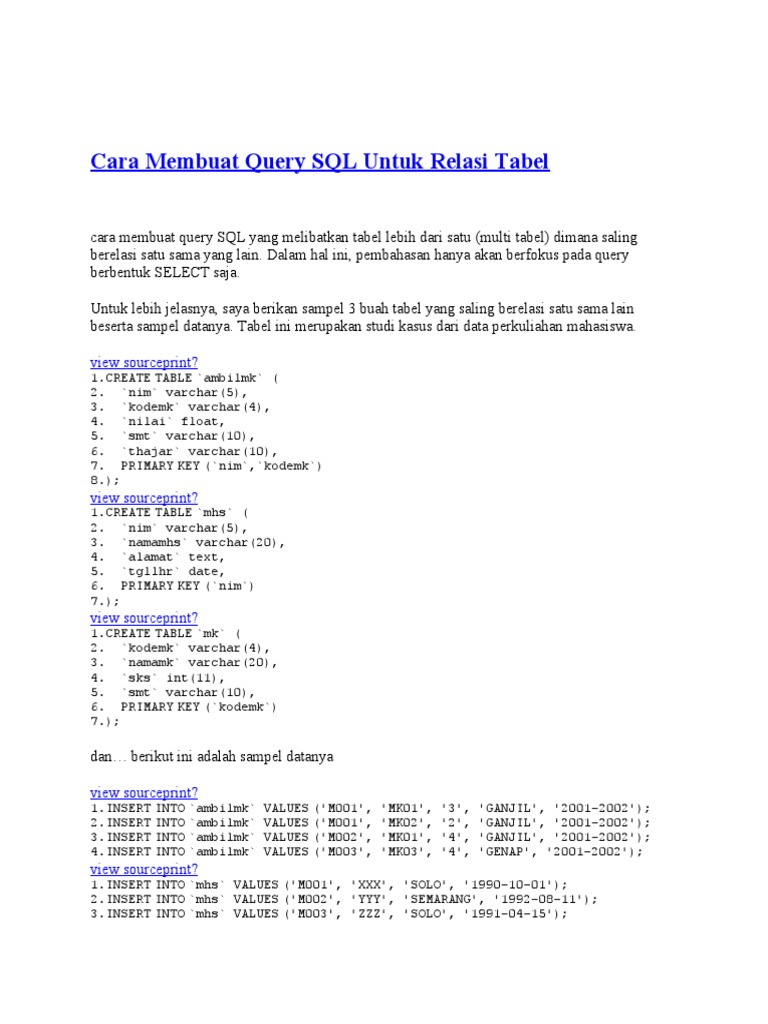 Cara Membuat Query SQL Untuk Relasi Tabel | PDF Cara Membuat Query SQL Untuk Relasi Tabel | PDF