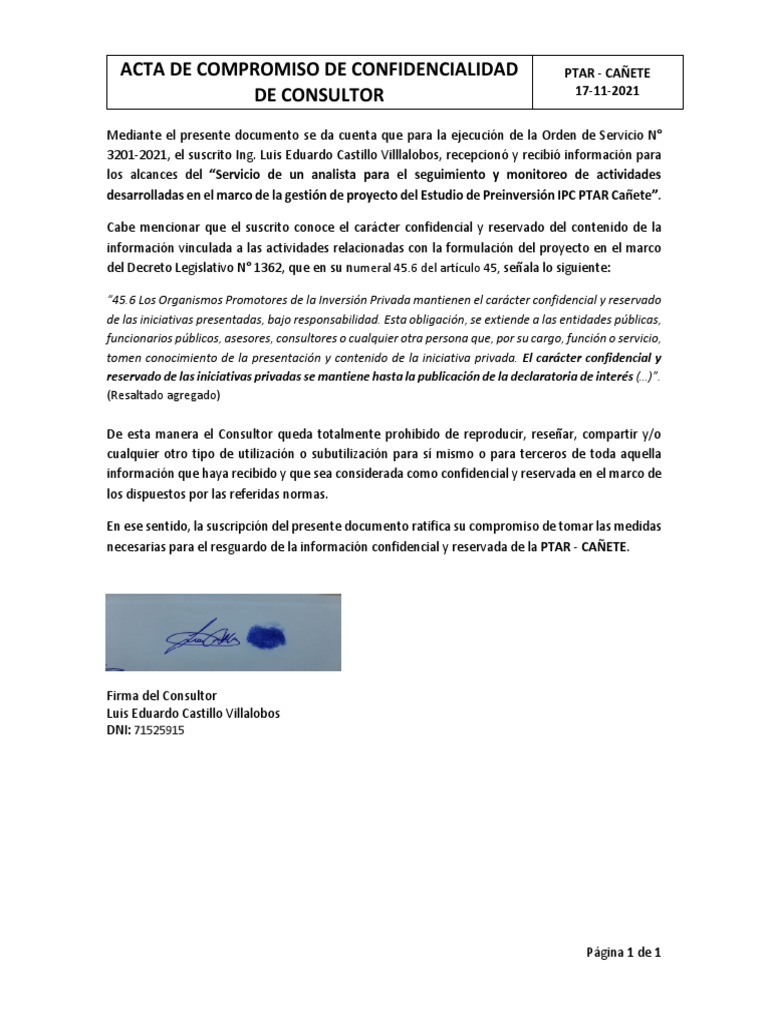 Acta de Confidencialidad Modelo | PDF