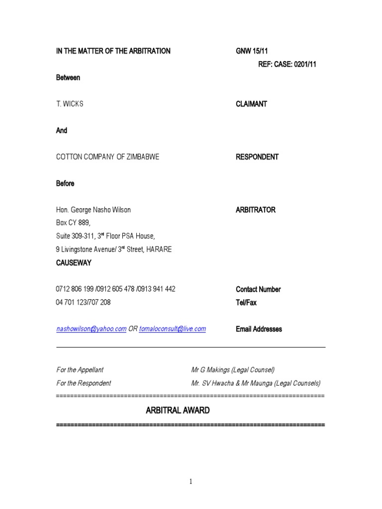 Arbitral Award - Wicks Vs COTTCO | PDF | Appeal | Employment