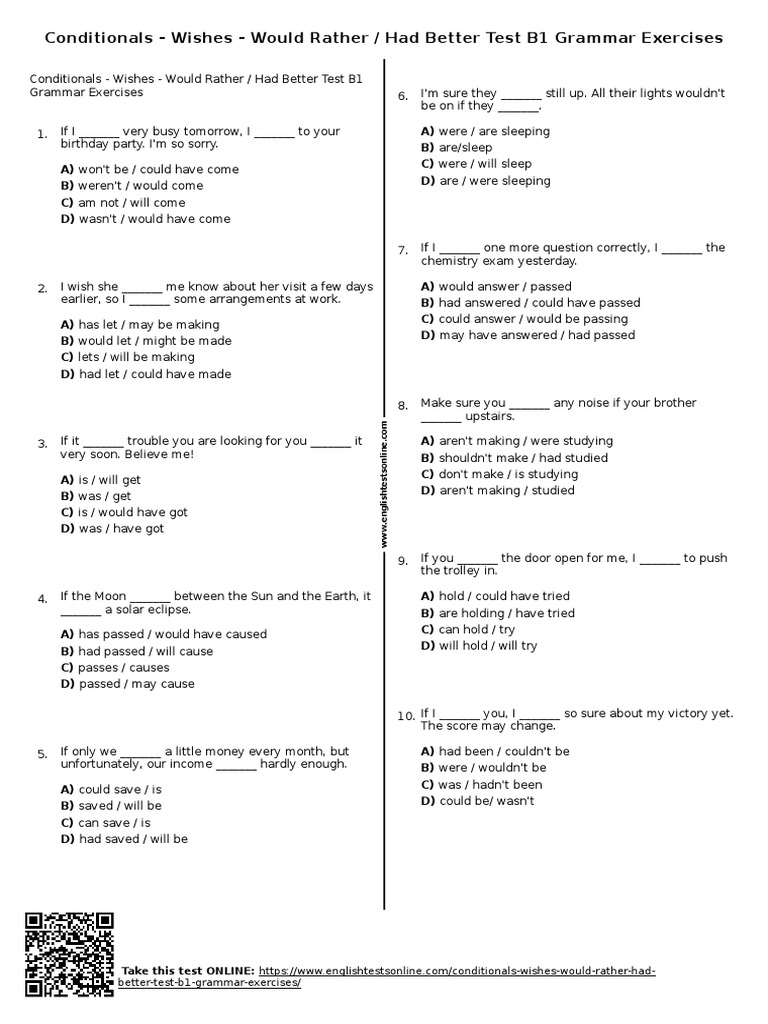 Conditionals - Wishes - Would Rather / Had Better Test B1 Grammar ...
