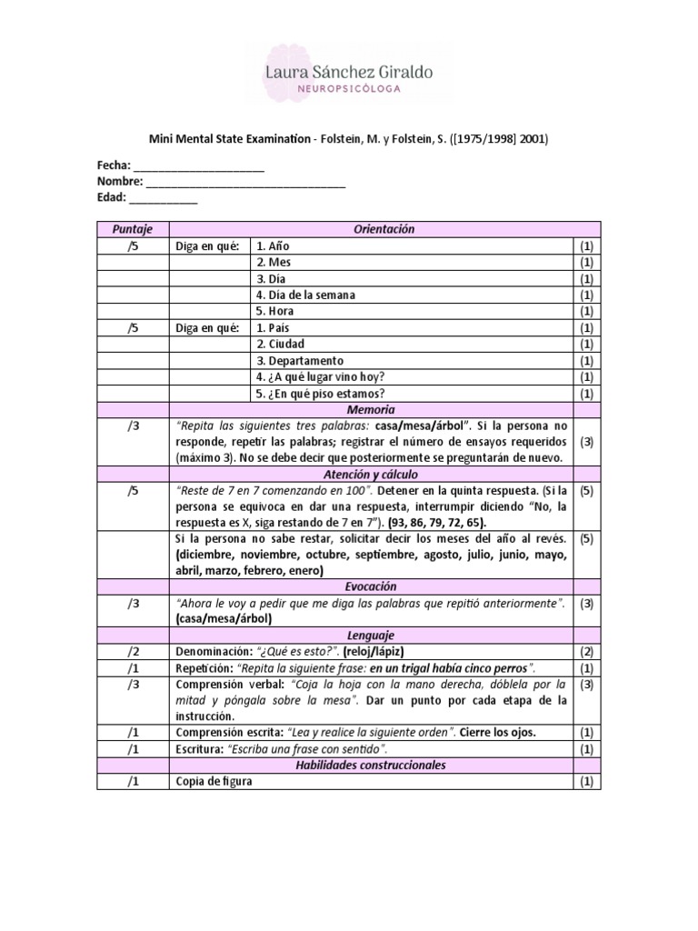 Mini Mental State Examination | PDF