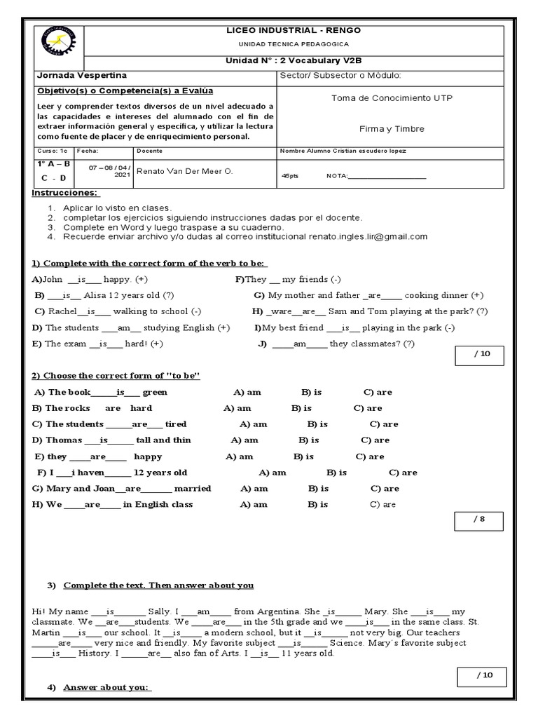 Verb To Be Test | PDF