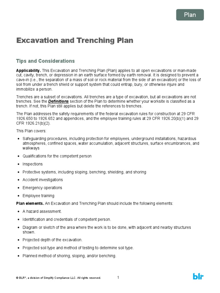 Excavation and Trenching Plan | PDF | Occupational Safety And Health ...