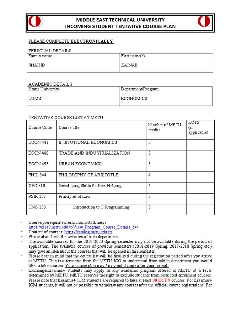 Middle East Technical University Incoming Student Tentative Course Plan | PDF | Academia