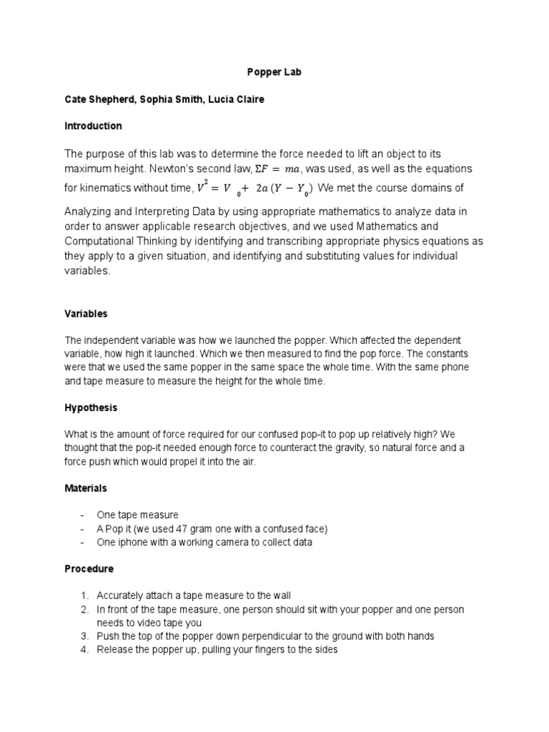 Popper Lab Write Up - Cate Shepherd | PDF | Force | Variable (Mathematics)