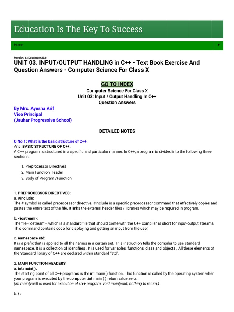 Output Handling In C Text Book Exercise And Question Answers Computer Science For Class