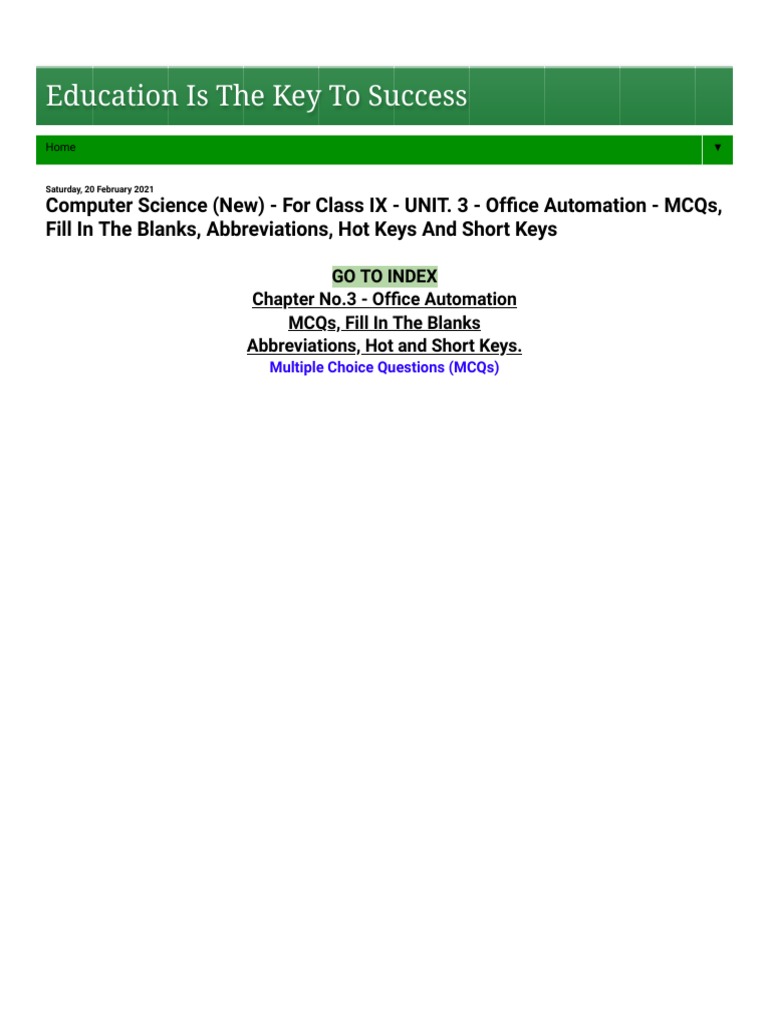 Class IX Computer Science MCQs | PDF | Paragraph | Microsoft Excel