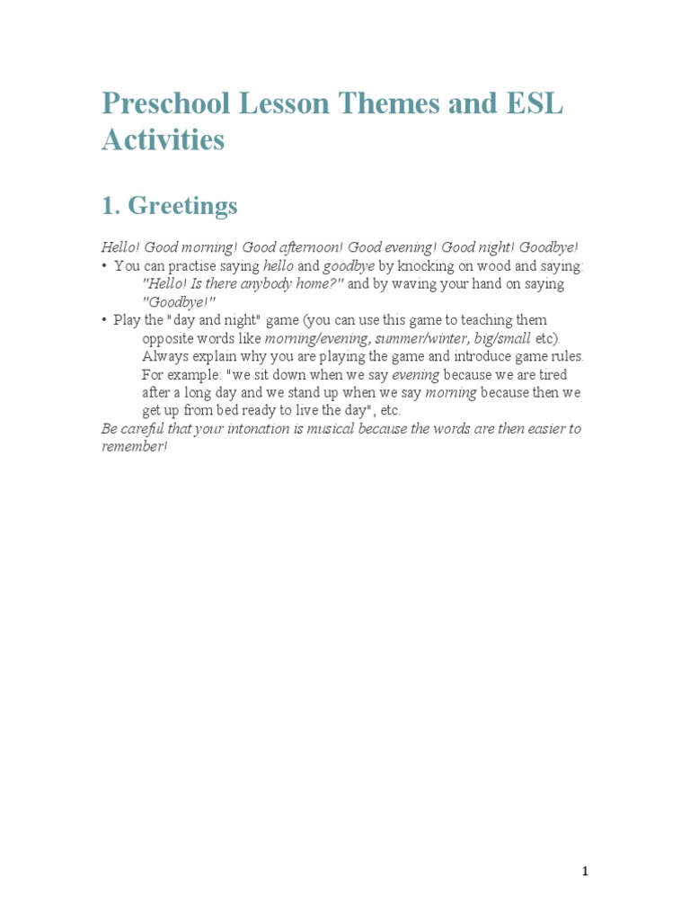 Preschool Lesson Themes and ESL Activities: 1. Greetings | PDF ...