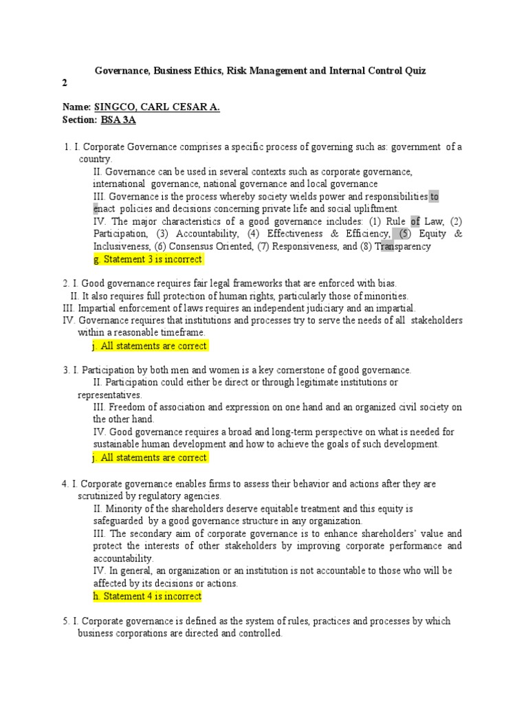 Governance, Business Ethics, Risk Management and Internal Control Quiz ...