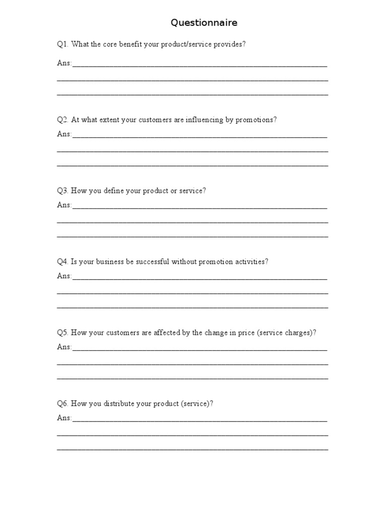 Questionnaire Marketing Mix | PDF | Market (Economics) | Marketing
