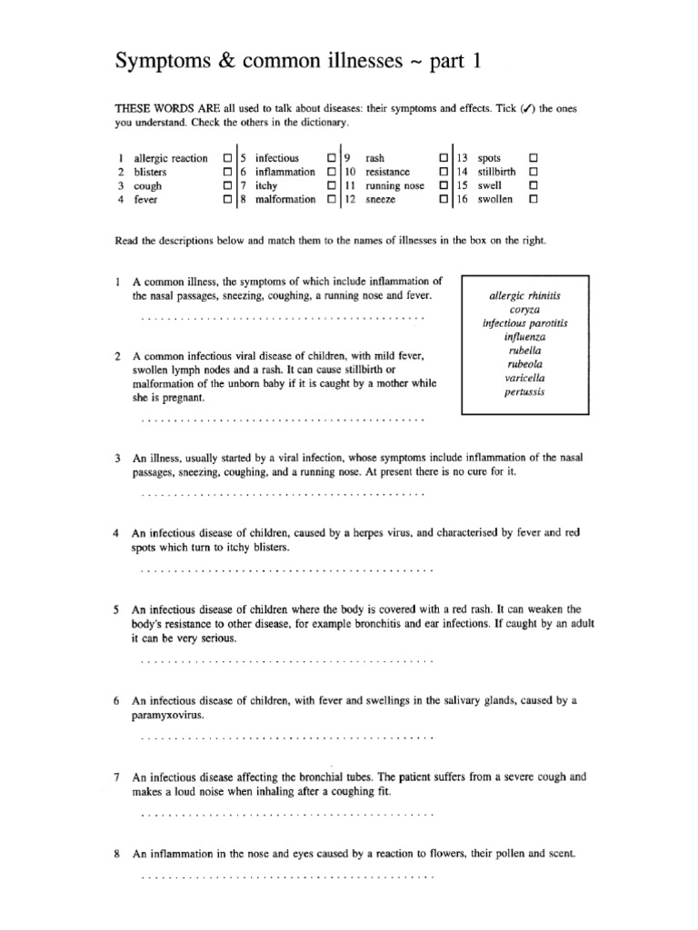 Symptoms and Illness Worksheet - 1 | PDF