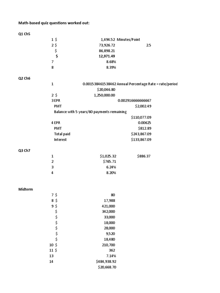 Math-Based Quiz Questions Worked Out | PDF | Present Value | Balance Sheet