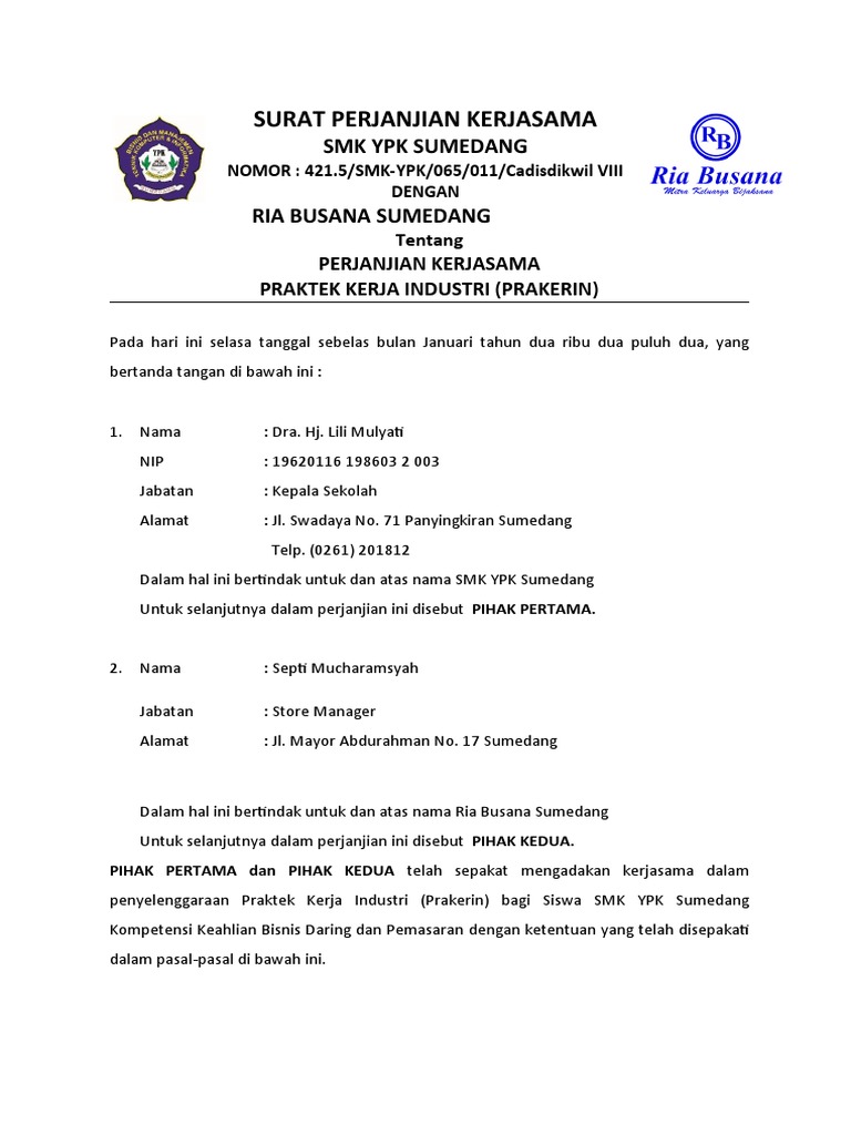 Kerjasama Prakerin SMK YPK-Ria Busana | PDF | Bisnis