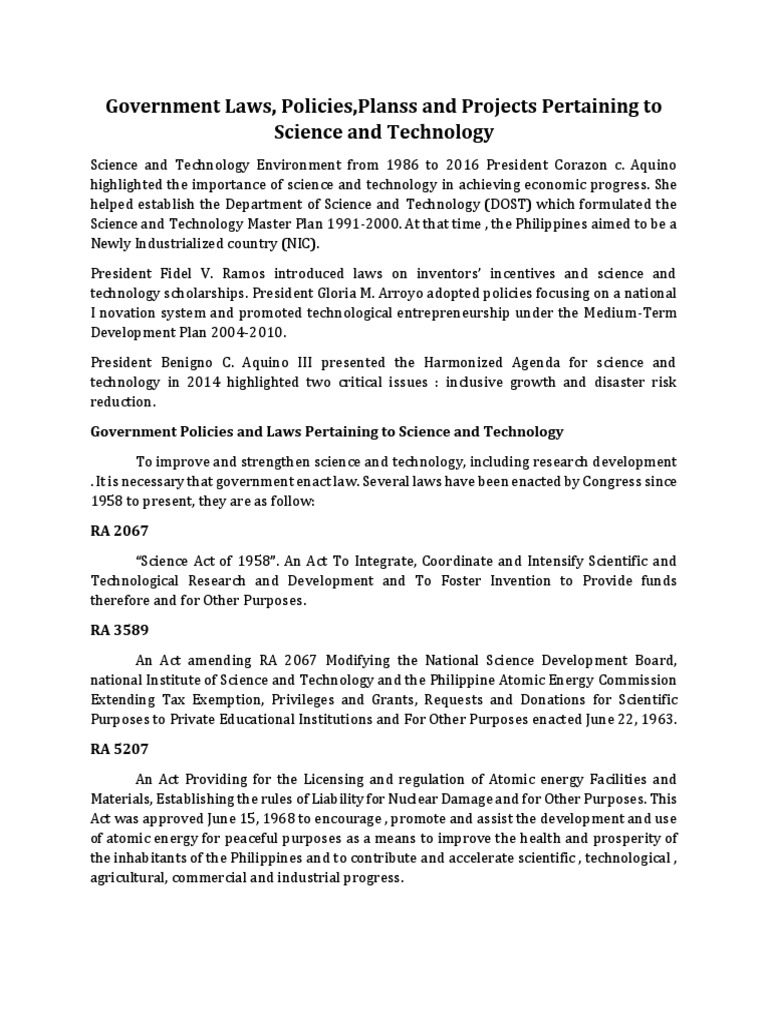 Government Laws, Policies, Plans and Projects Pertaining To Science and ...