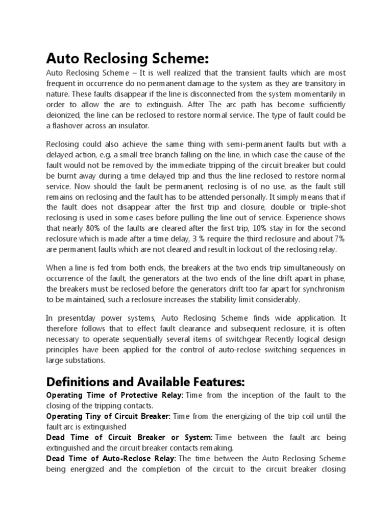 Auto Reclosing Scheme | PDF | Relay | Equipment
