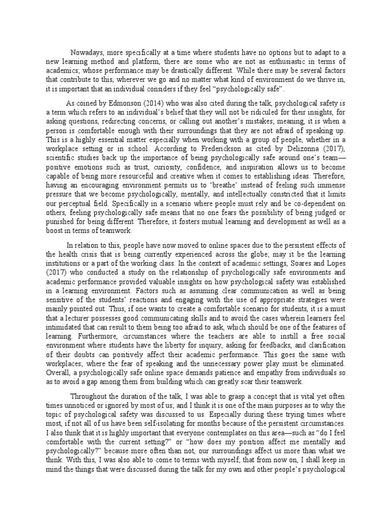 Reflection - Psychological Safety | PDF | Learning | Social Psychology