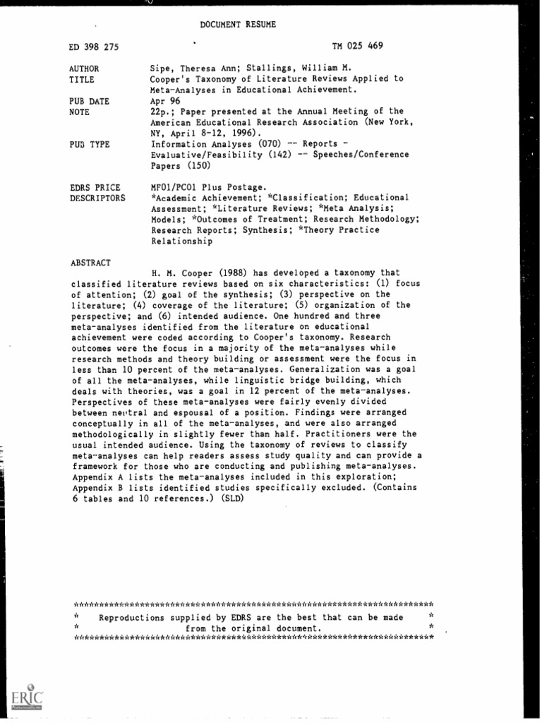 Coopers Taxonomy of Literature Reviews | PDF | Meta Analysis | Science