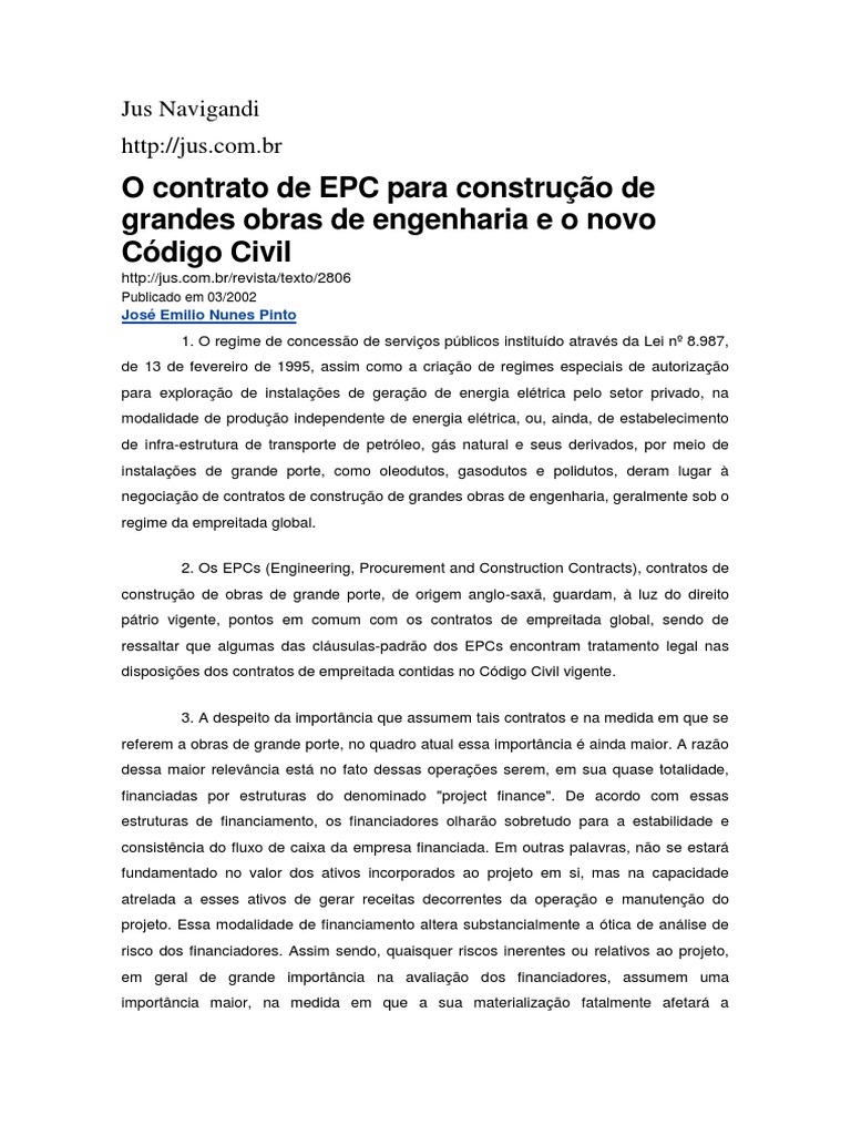 José Emilio Nunes Pinto - O Contrato de EPC em Obras de Engenharia | PDF | Arbitragem | Lei das ...
