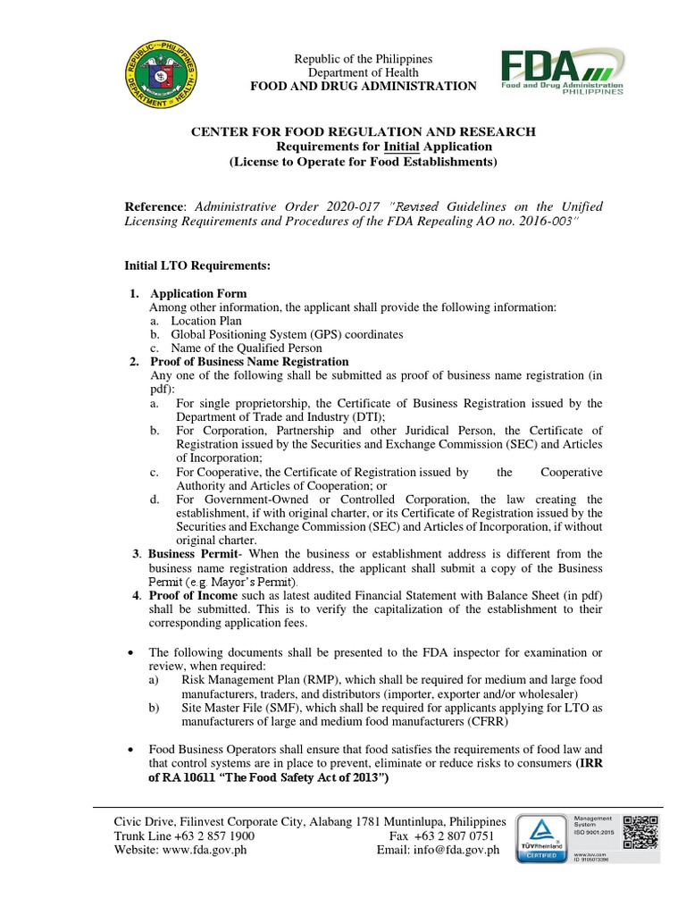 Requirements For Initial Application License To Operate For Food ...