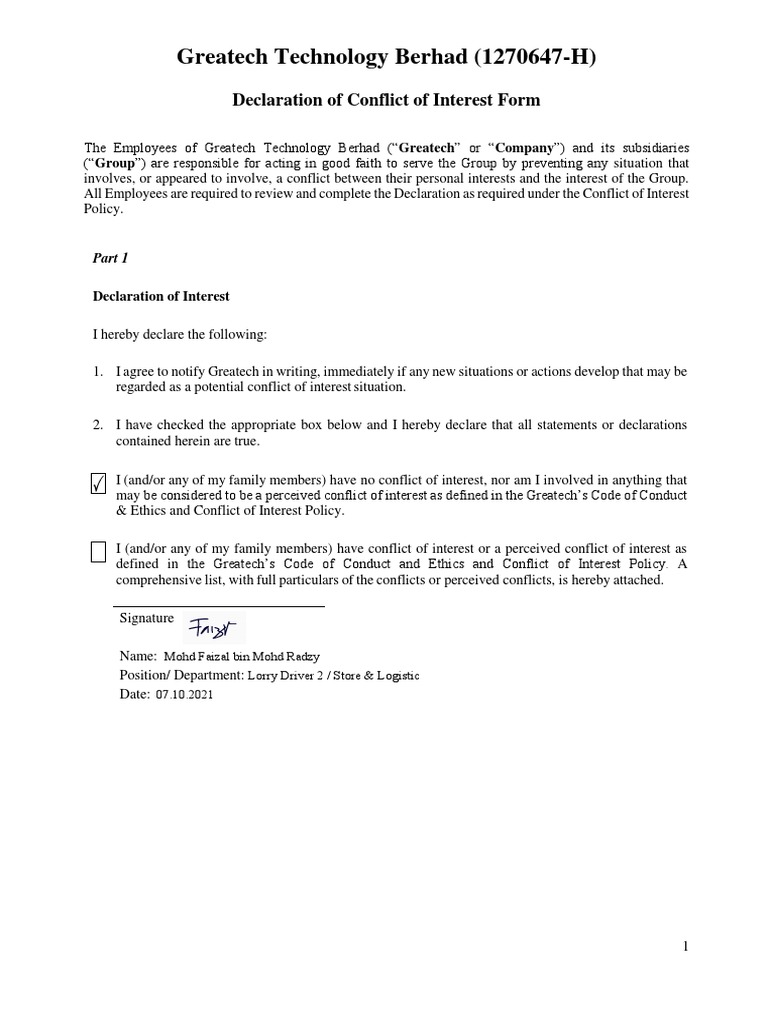7-7.GTB-Declaration of Conflict of Interest Form (1) - Edited | PDF ...