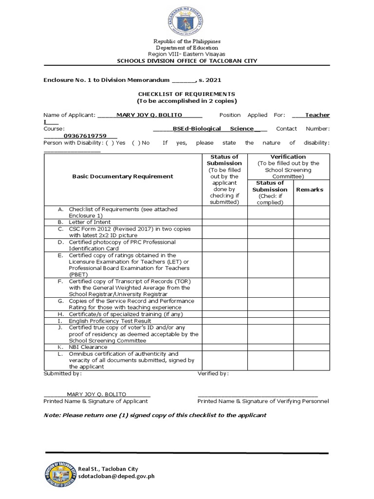 Real ST., Tacloban City Sdotacloban@deped - Gov.ph | PDF | Signature ...