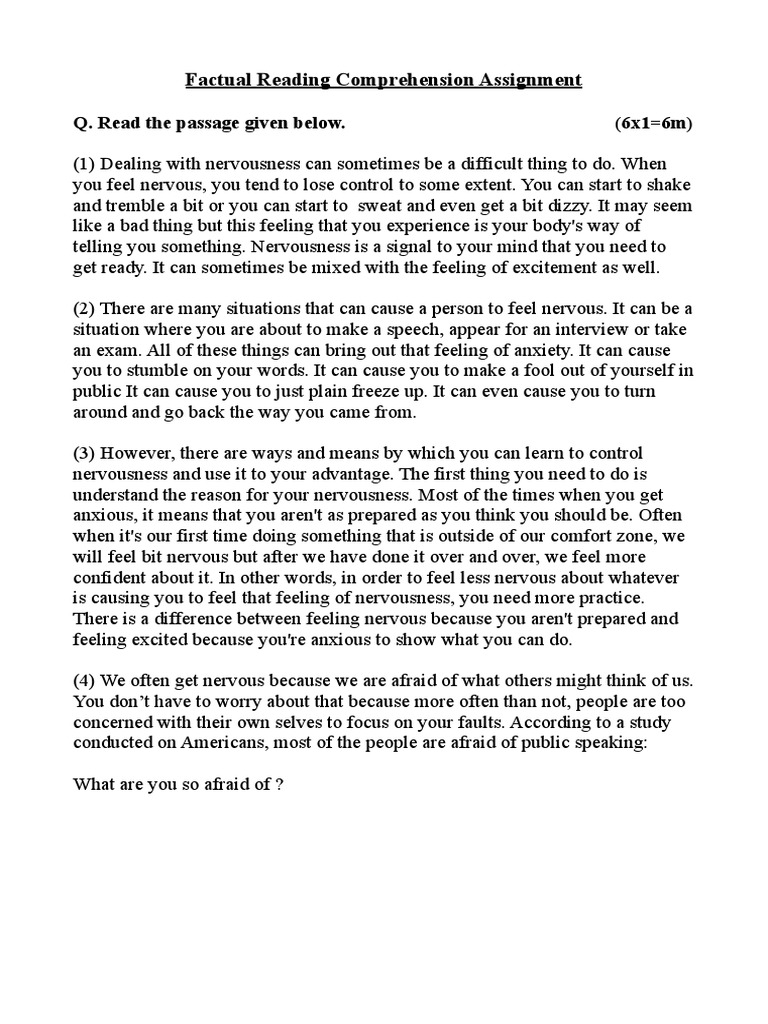 Comprehension Passage - Assignment | PDF | Anxiety | Feeling