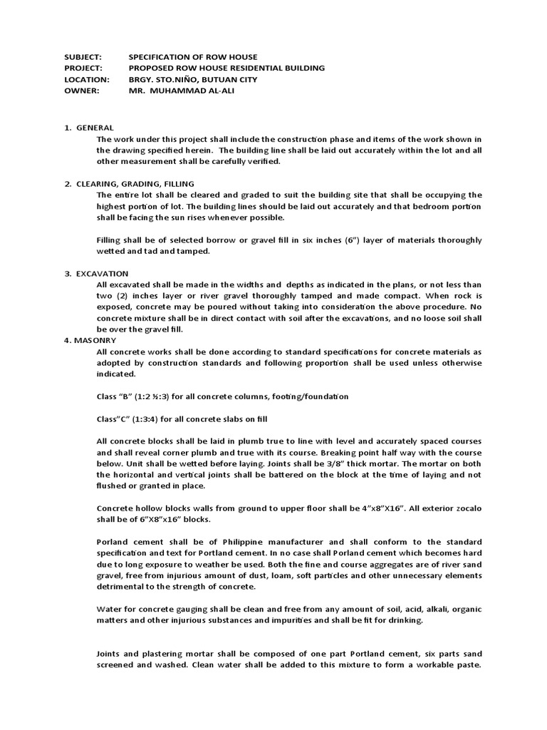 Specifications For Row House-Mr. Muhammad Al-Ali | Download Free PDF ...