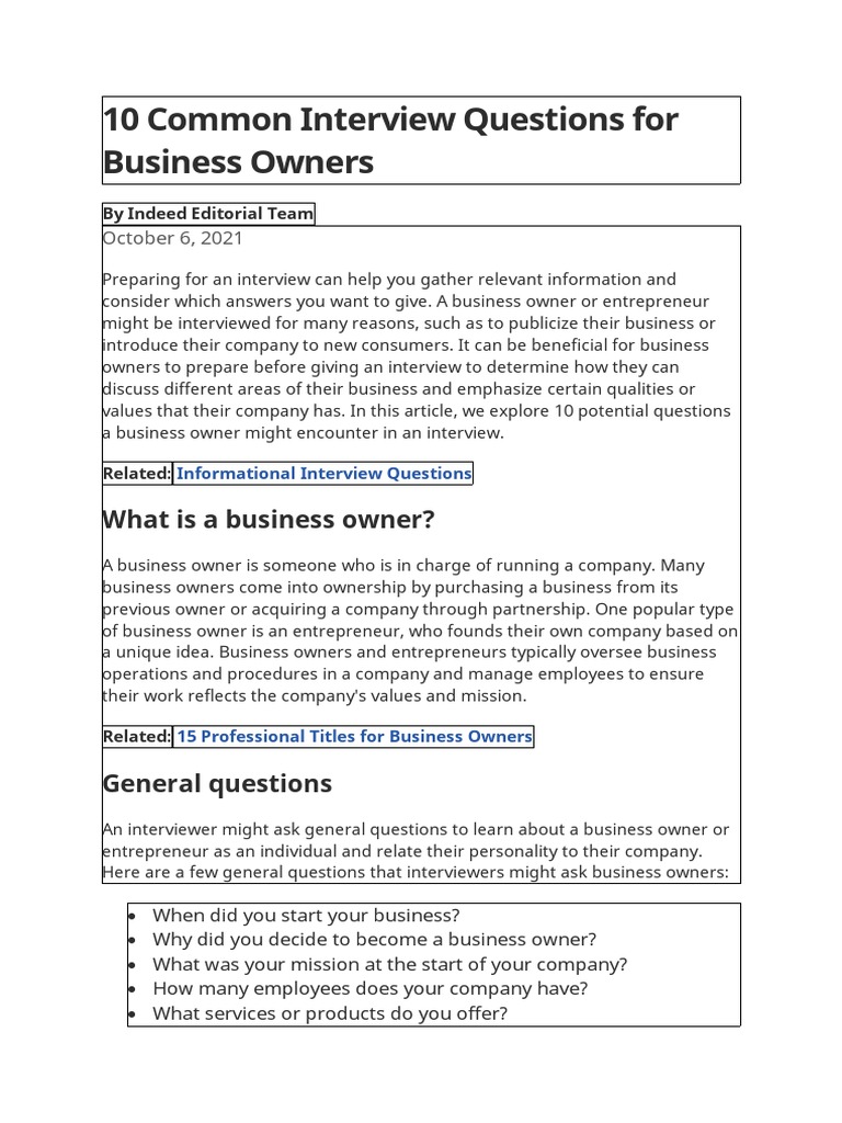 10 Common Interview Questions For Business Owners | PDF | Marketing ...