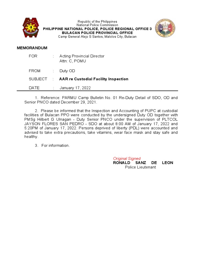 1-17-2022 AAR Re Custodial Facility Inspection | PDF