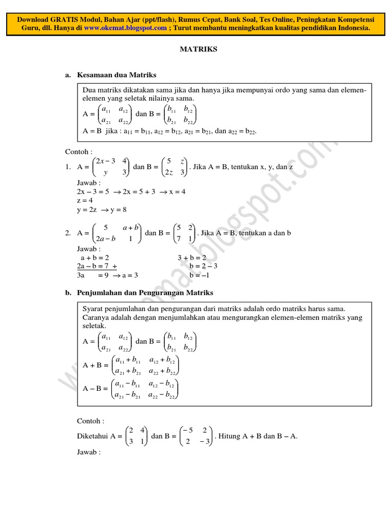Matriks: Kesamaan, Operasi, dan Invers | PDF | Metode & Bahan Ajar