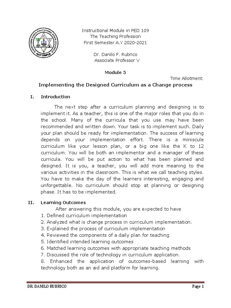 Module 5, PED 109 | PDF | Curriculum | Teachers