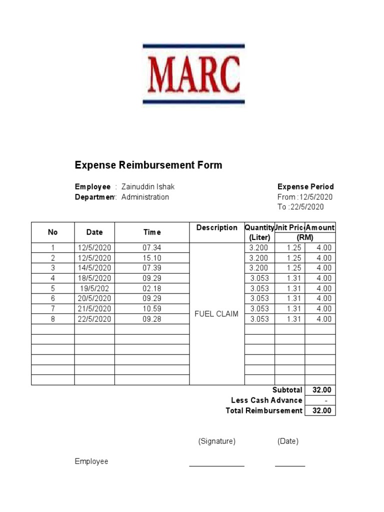 Expense Reimbursement Form: Employee: Zainuddin Ishak Expense Period ...
