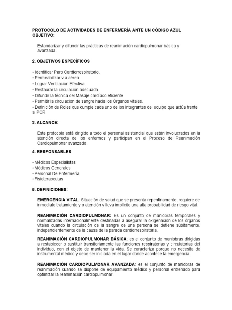 Actividades de Enfermería Ante Un Código Azul | PDF | Reanimación ...