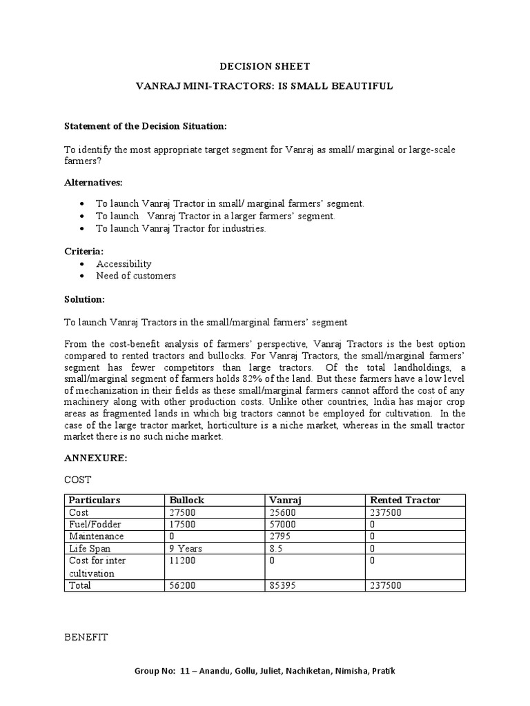 Decision Sheet Vanraj Mini-Tractors: Is Small Beautiful | PDF | Tractor | Agriculture
