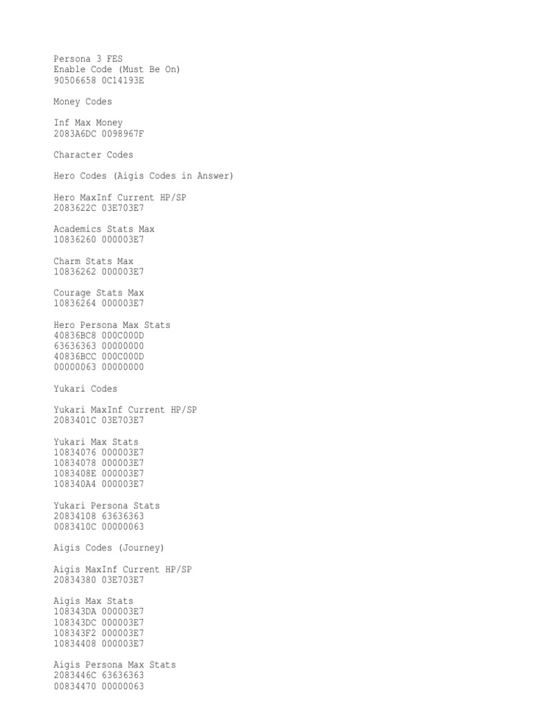Gameshark Codes For Persona 3 FES | PDF | Leisure | Sports