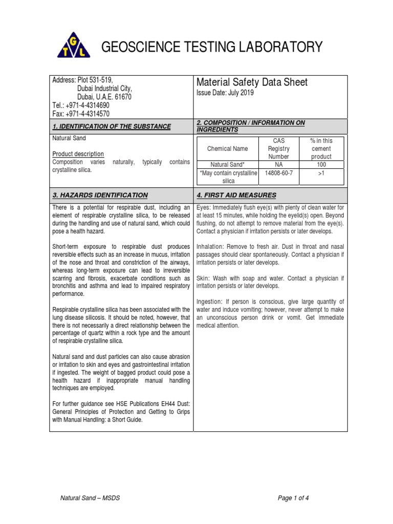 Geoscience Testing Laboratory: Material Safety Data Sheet | PDF ...