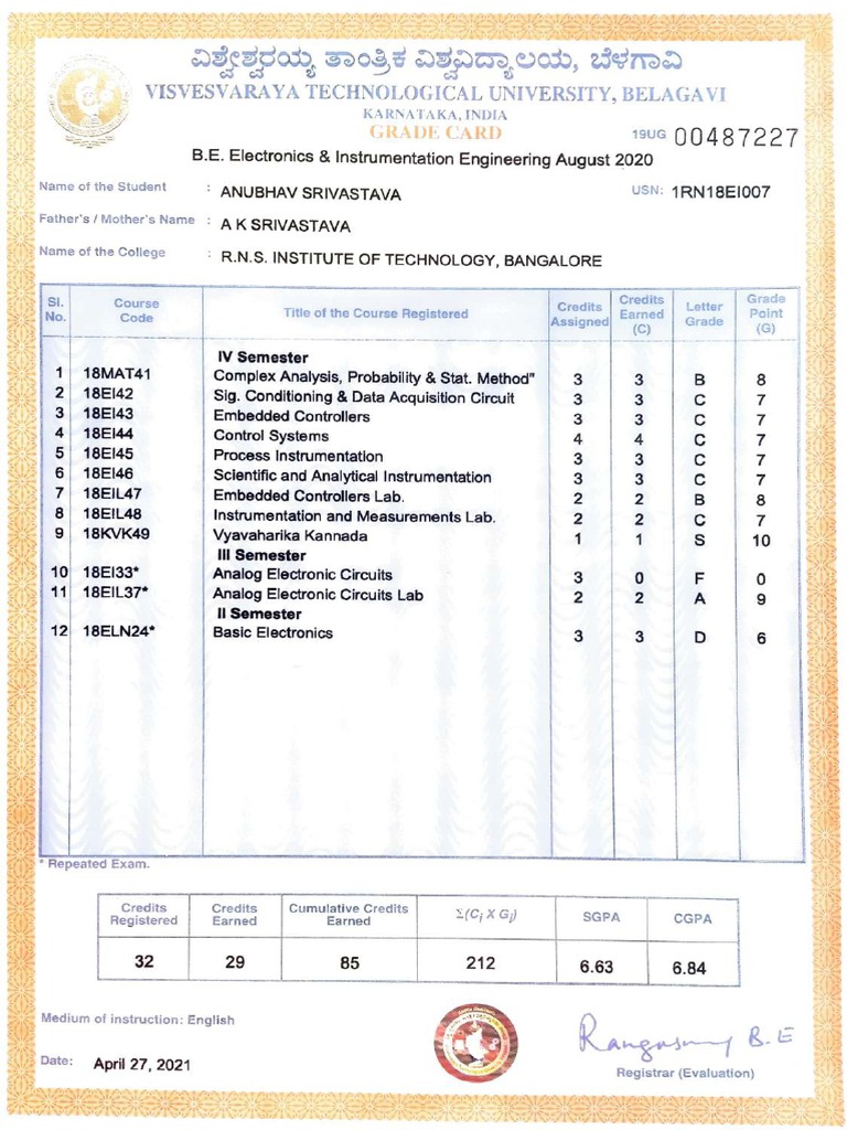 VTU Grade Card for B.E. Electronics | PDF | Computing | Computer Science