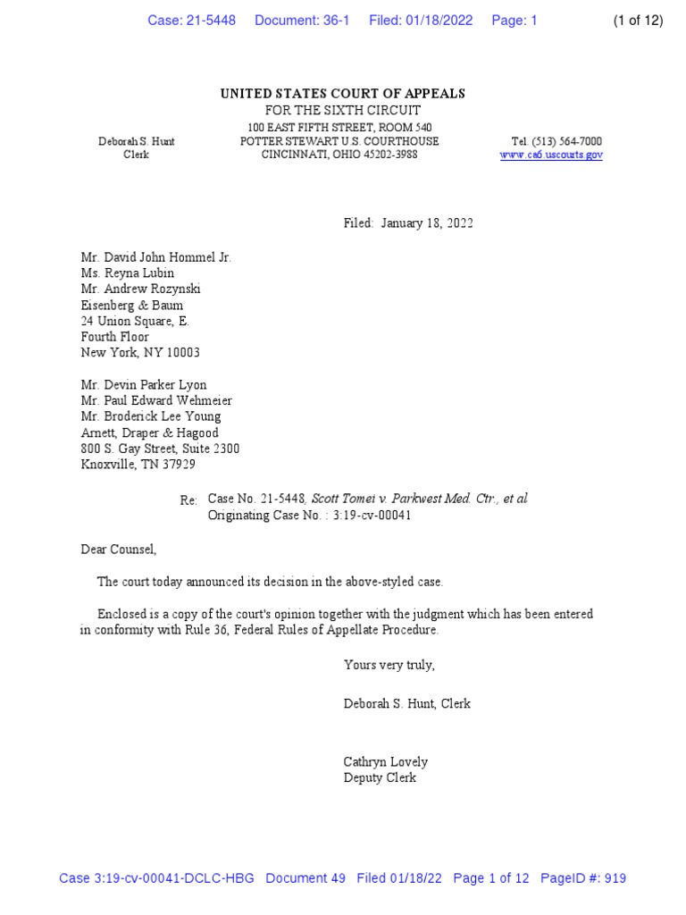 Scott Allen Tomei V. Parkwest Medical Center and Covenant Health | PDF ...