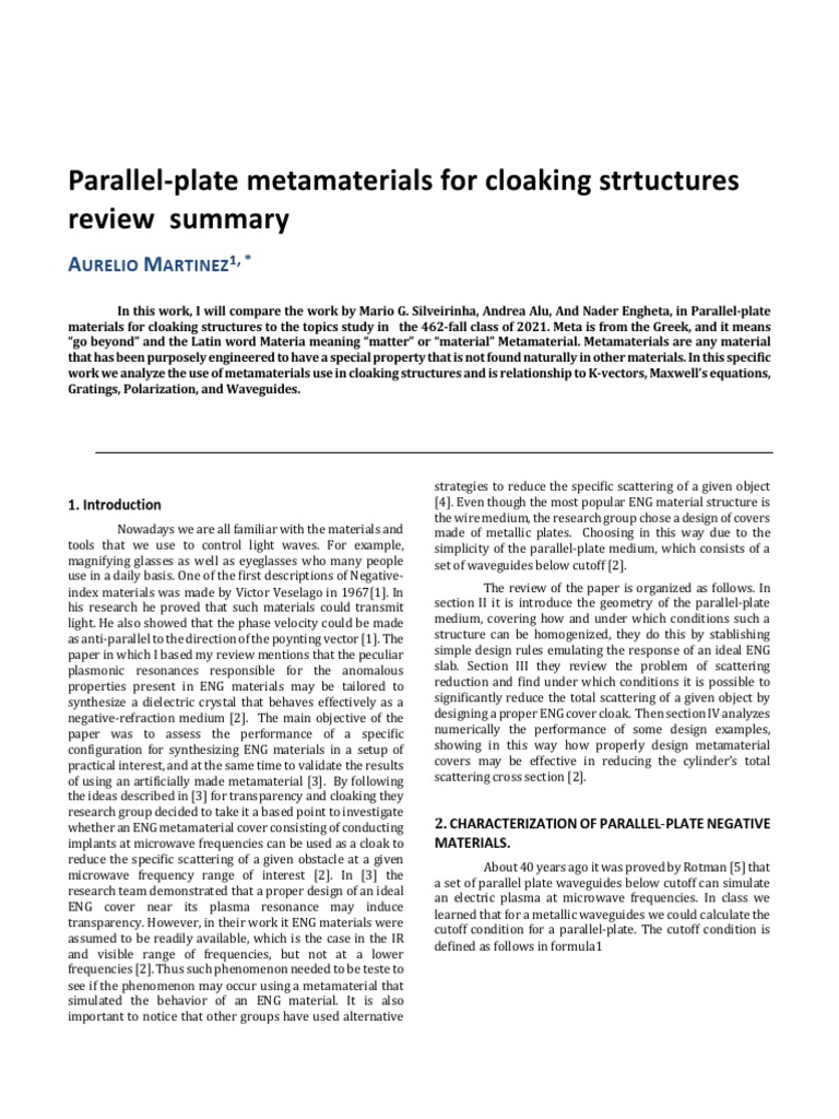 Parallel-Plate Metamaterials For Cloaking Strtuctures Review Summary ...